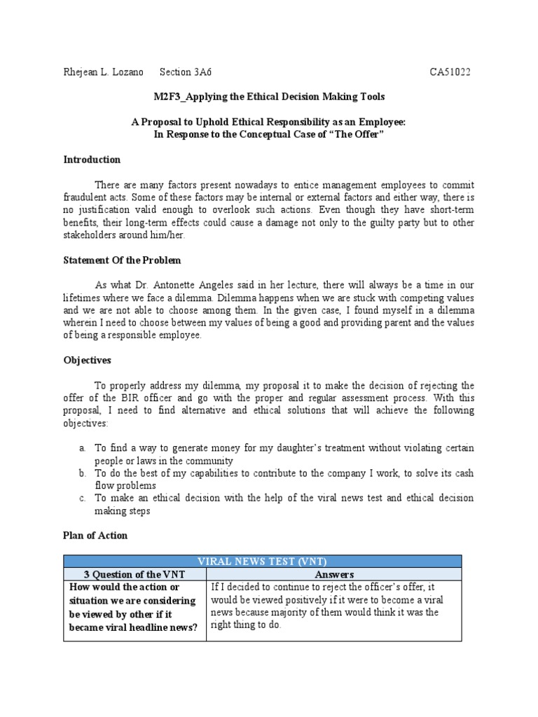M2F3 - Applying The Ethical Decision Making Tools | PDF | Value (Ethics ...