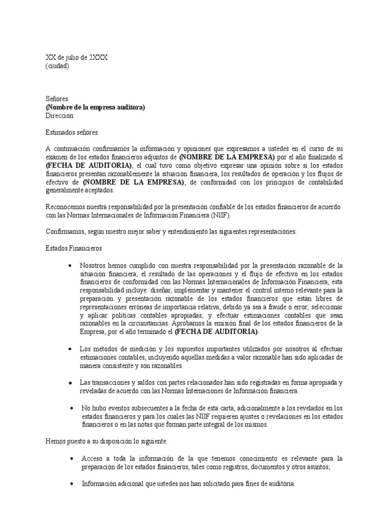 Carta de Representacion (MODELO) | PDF | Estado financiero | Contabilidad