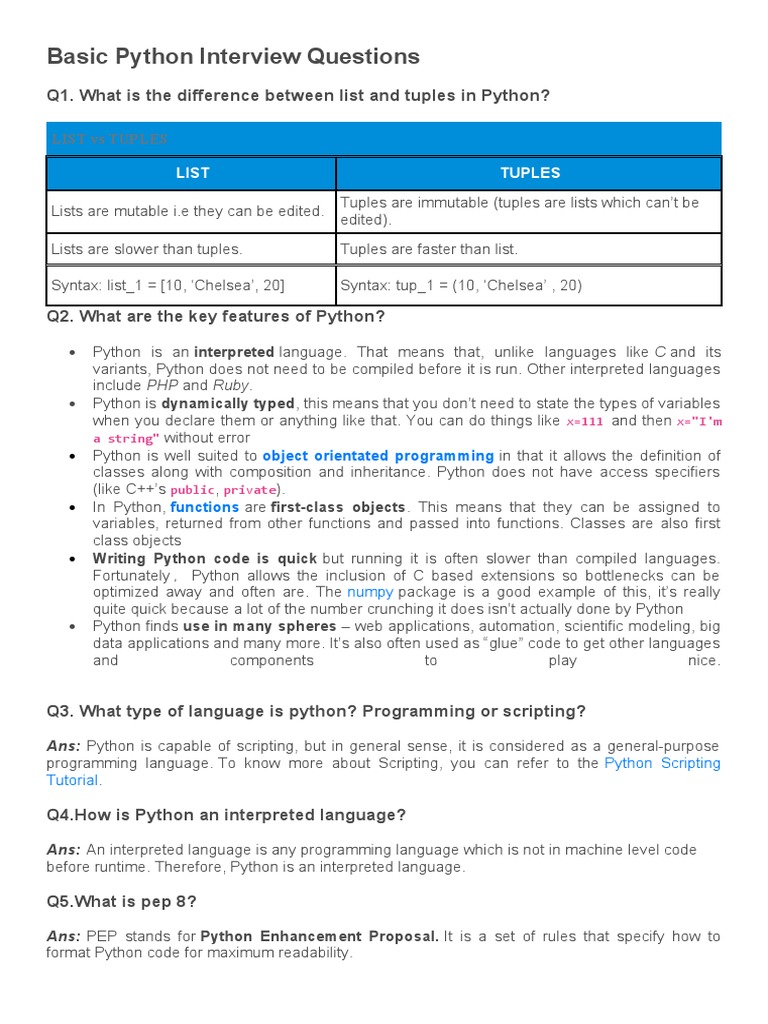 Basic Python Interview Questions Pdf Class Computer Programming Inheritance Object