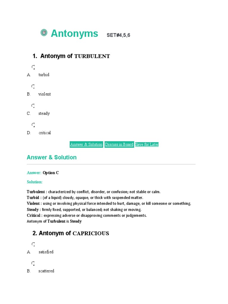 Antonyms: 1. Antonym of TURBULENT | PDF | Pacifism | Atheism