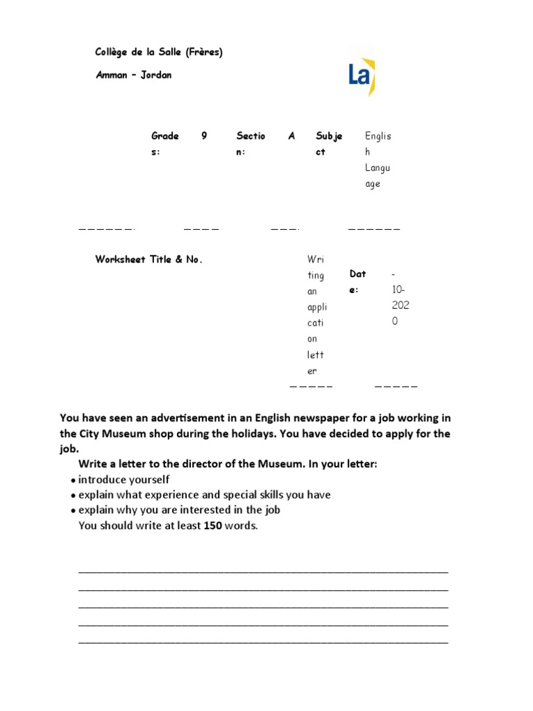 An Application Letter Grade 9 A | PDF | Paragraph | Text