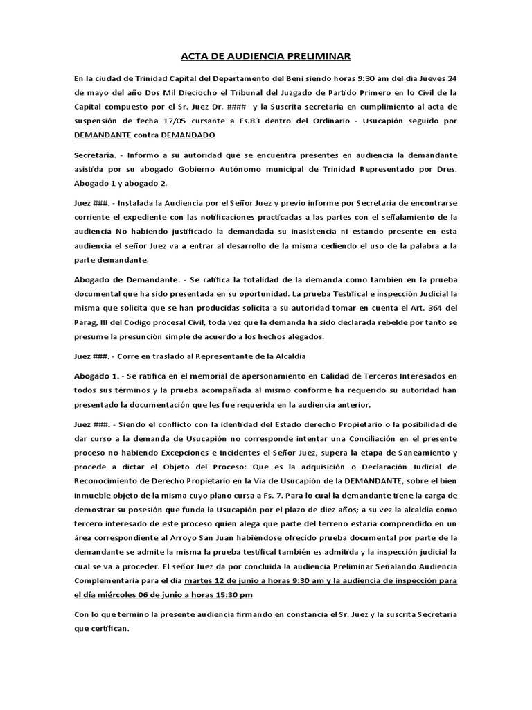 Modelo Acta de Audiencia Preliminar | PDF | Demanda judicial | Información del gobierno