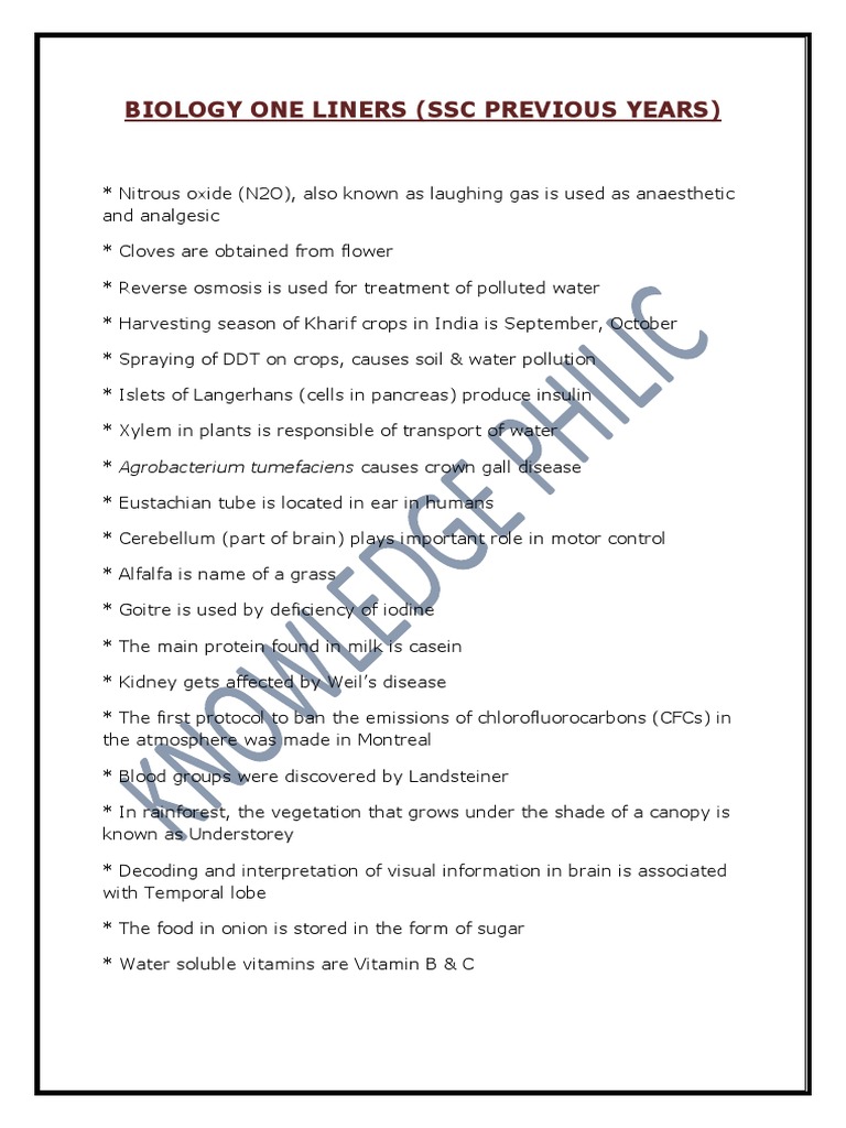 Biology 1 Liner | PDF | Plants | Bacteria