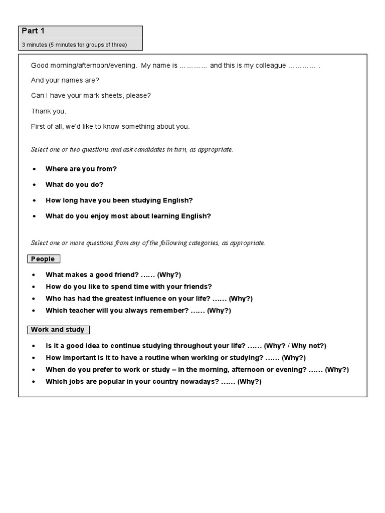 CAE Speaking Part 1 Sample Questions | PDF