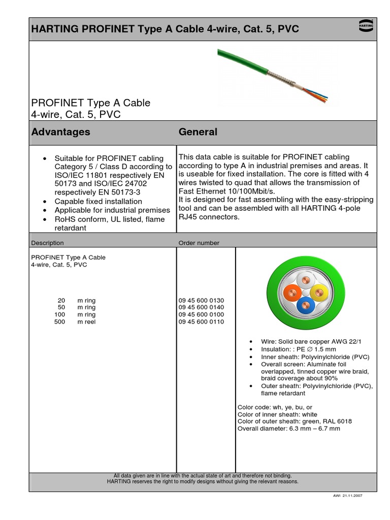 HARTING PROFINET Type A Cable 4-Wire, Cat. 5, PVC | Download Free PDF ...