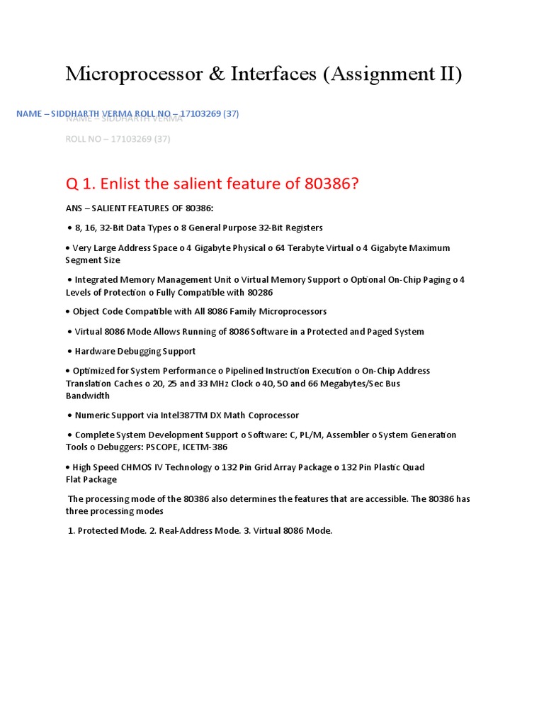 Microprocessor And Interfaces Assignment Ii Q 1 Enlist The Salient Feature Of 80386 Pdf