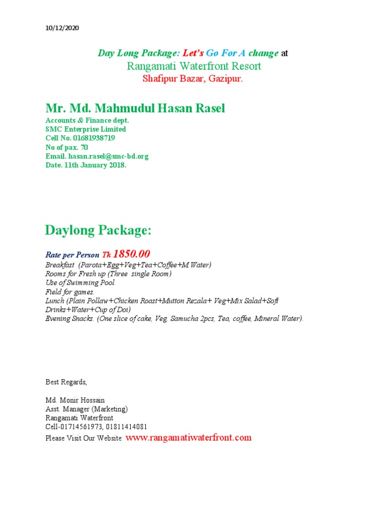 Day Long Package (Mr. Rasel - SMC) | PDF | Cooking, Food & Wine