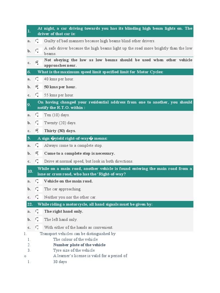 Traffic Questions | PDF | Traffic | Road