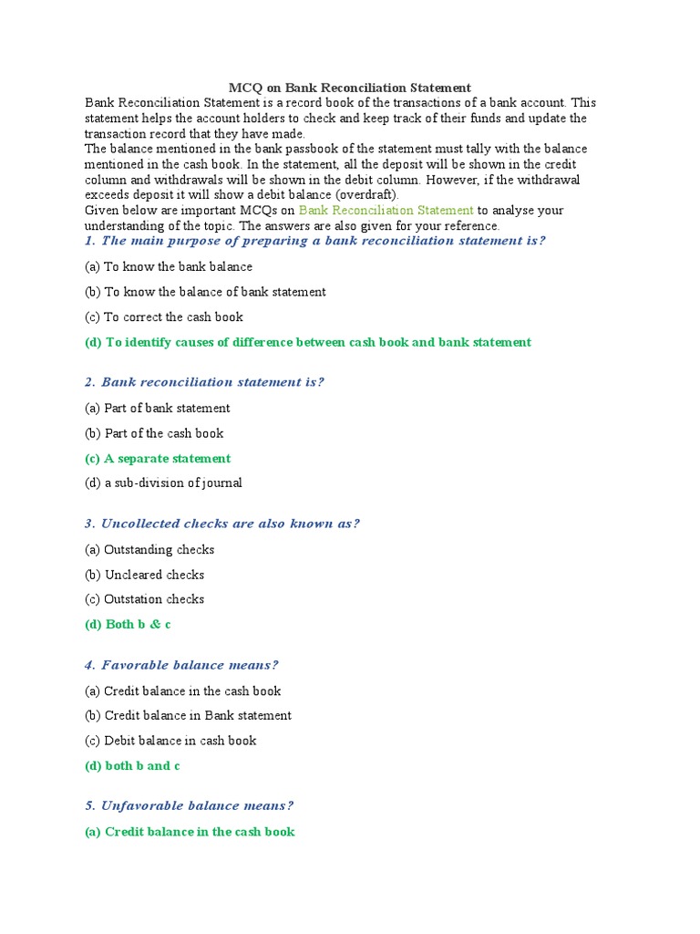 Bank Reconciliation Statement MCQs Financial Accounting | PDF ... Bank Reconciliation Statement MCQs Financial Accounting | PDF ...
