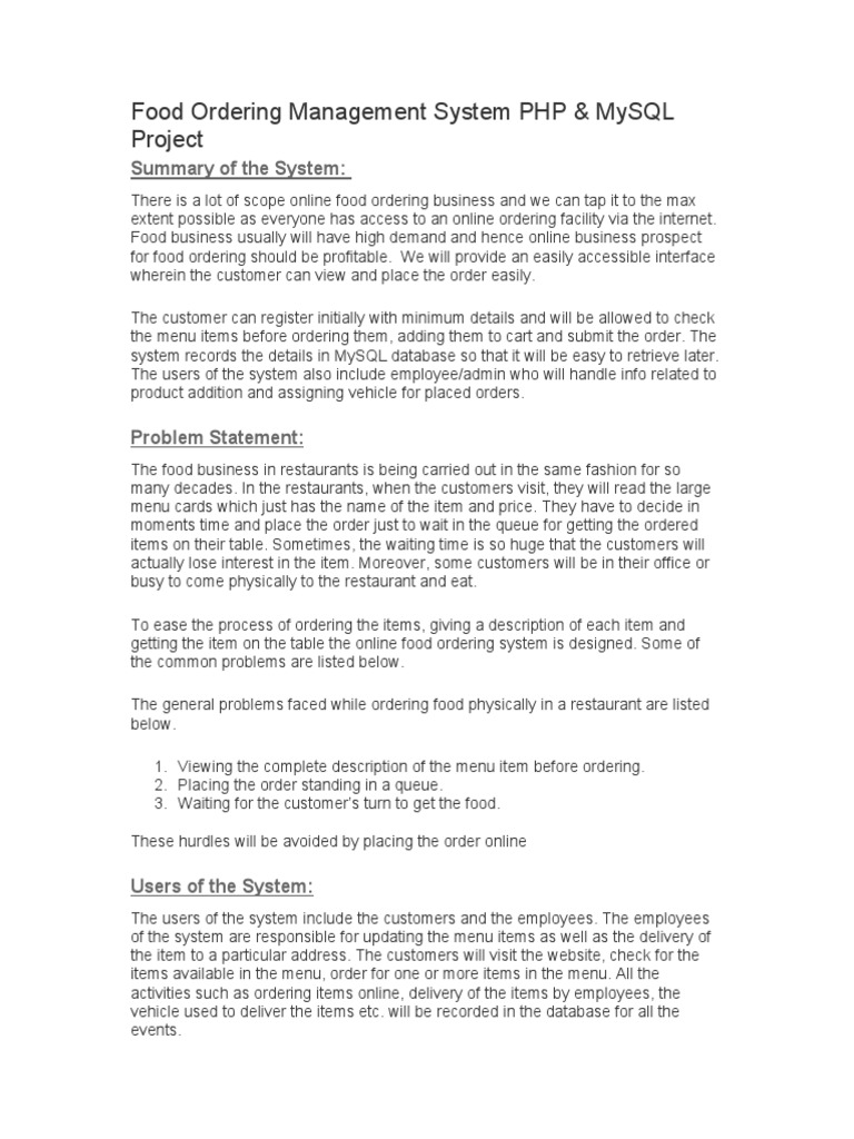 Food Ordering Management System Project | PDF | Menu | Restaurants
