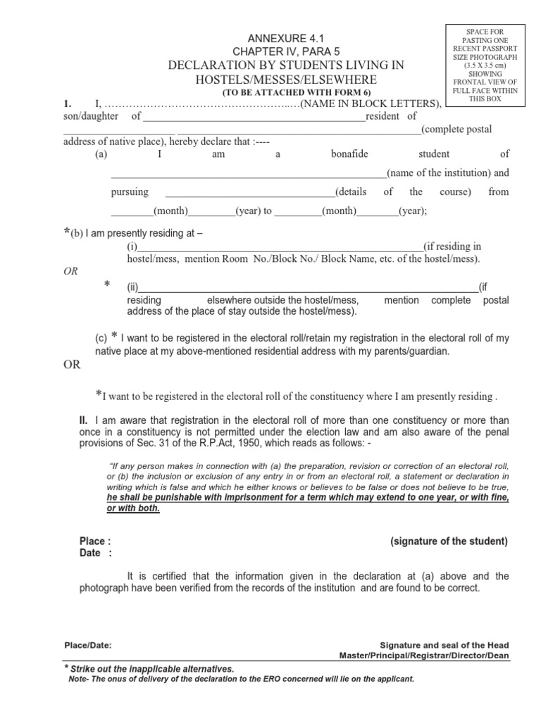 Declaration by Students Living in Hostels/Messes/Elsewhere: (To Be Attached With Form 6) | PDF ...