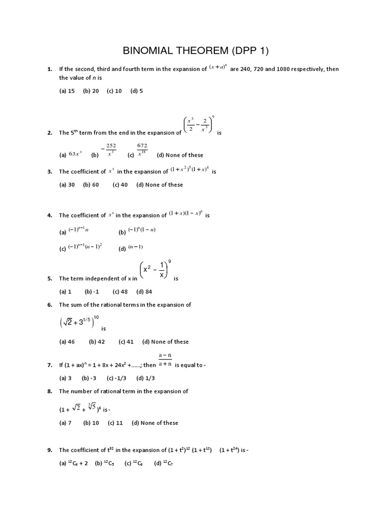 Binomial Theorem DPP 1 | PDF | Algebra | Teaching Mathematics