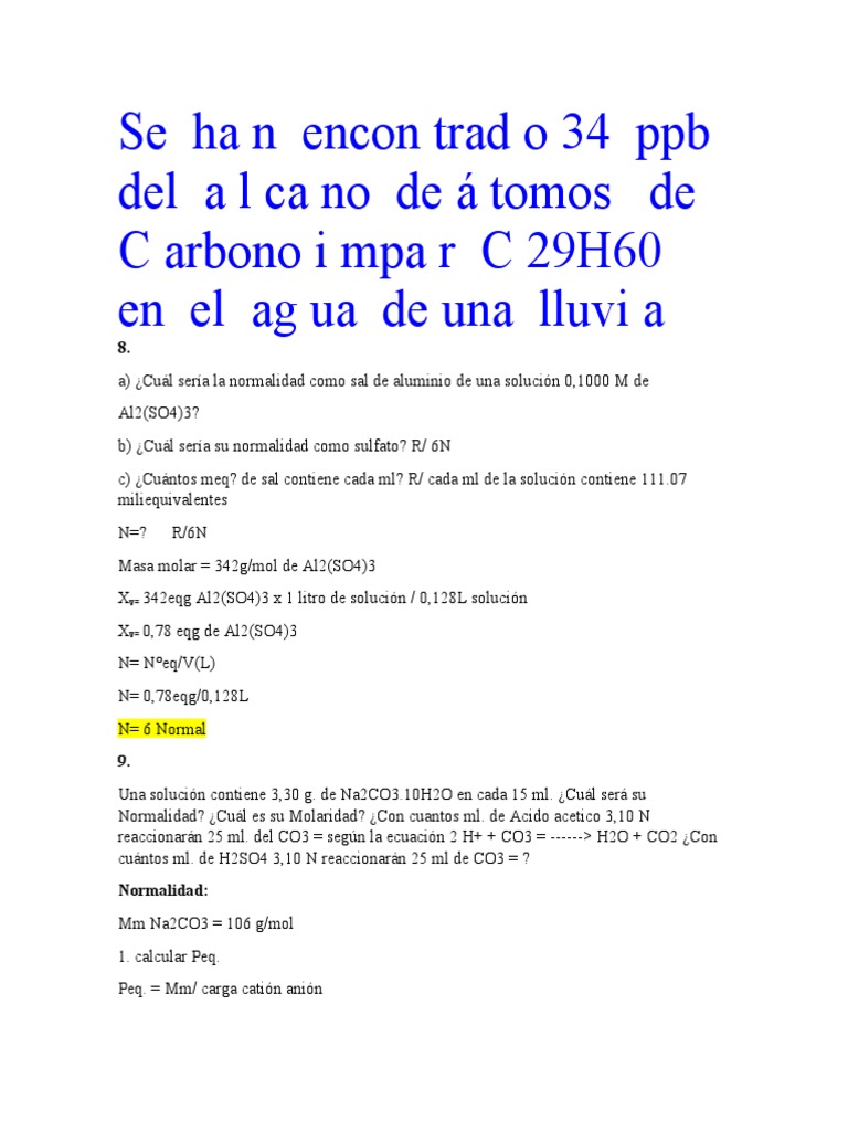 Cálculos de Normalidad y Molaridad en Soluciones Químicas | PDF ...