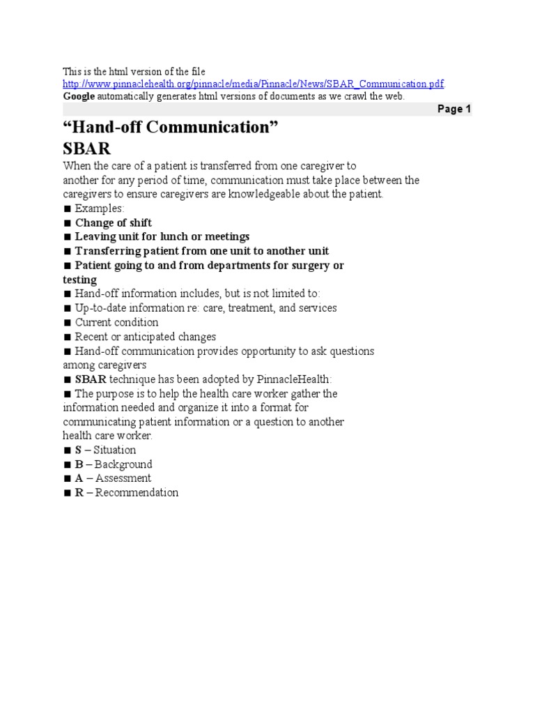 "Hand-Off Communication" Sbar: Google Automatically Generates HTML ...