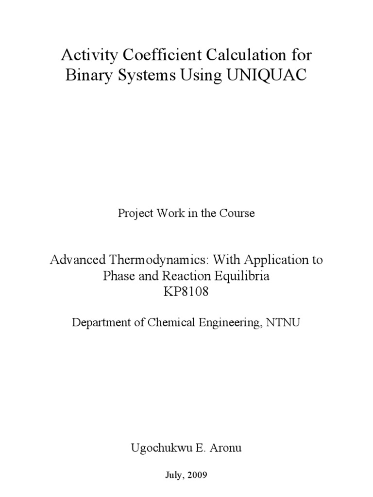 Activity Coefficient Calculation For Binary Systems Using UNIQUAC | PDF ...