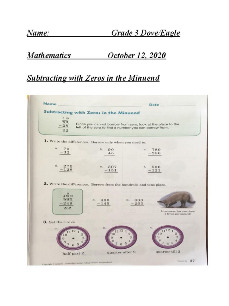 Name: Grade 3 Dove/Eagle Mathematics October 12, 2020 Subtracting With ...