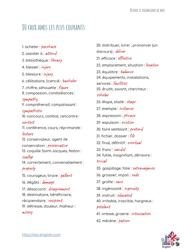 80 Faux Amis Anglais Les Plus Courants | PDF