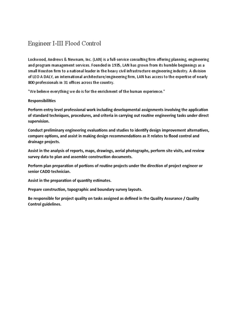 Flood Control Engineer I-III Position | PDF | Art | Computers
