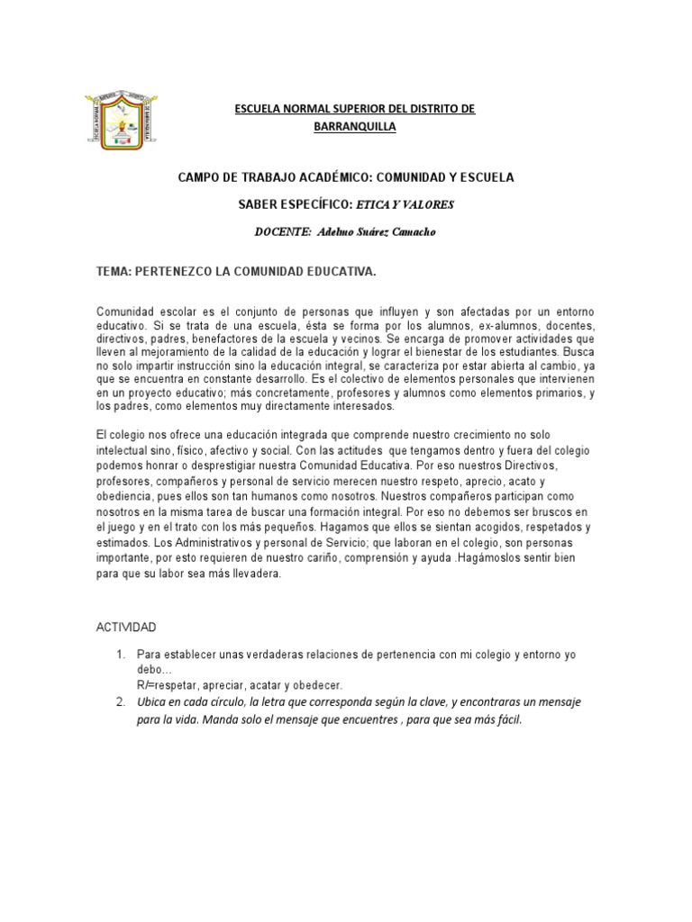 Taller A Distancia Pertenezco La Comunidad Educativa 6 | PDF ...