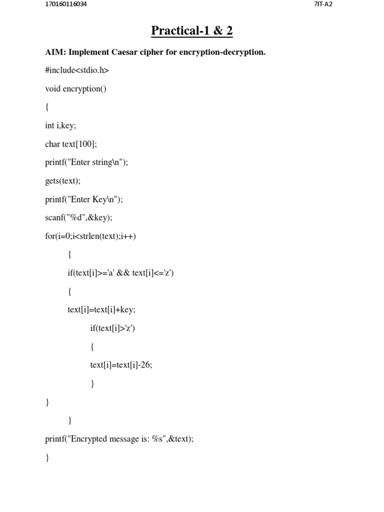 Practical-1 & 2: AIM: Implement Caesar Cipher For Encryption-Decryption | PDF | Cryptography ...