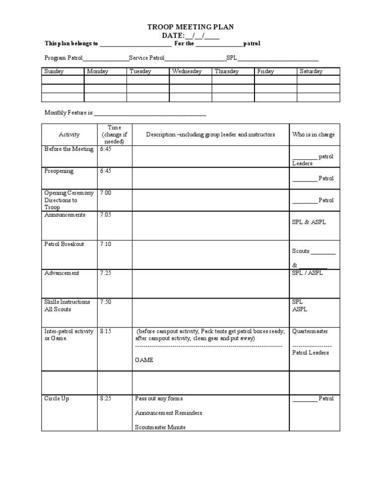 Troop Meeting Plan Form | Leisure | Sports