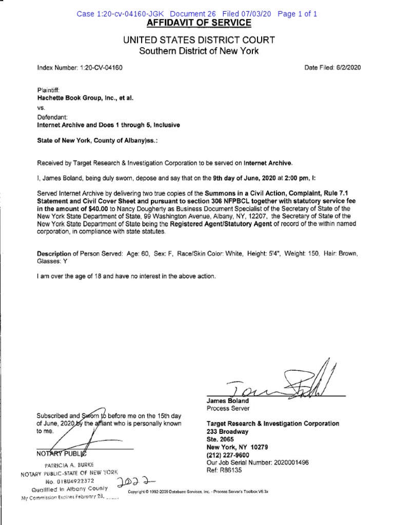 Affidavit of Service United States District Court Southern District of ...