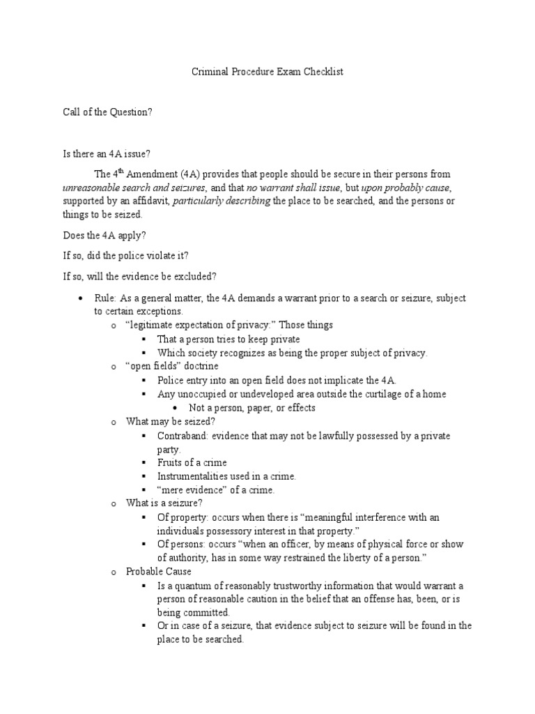 Criminal Procedure Checklist Overview | PDF | Miranda Warning | Search ...