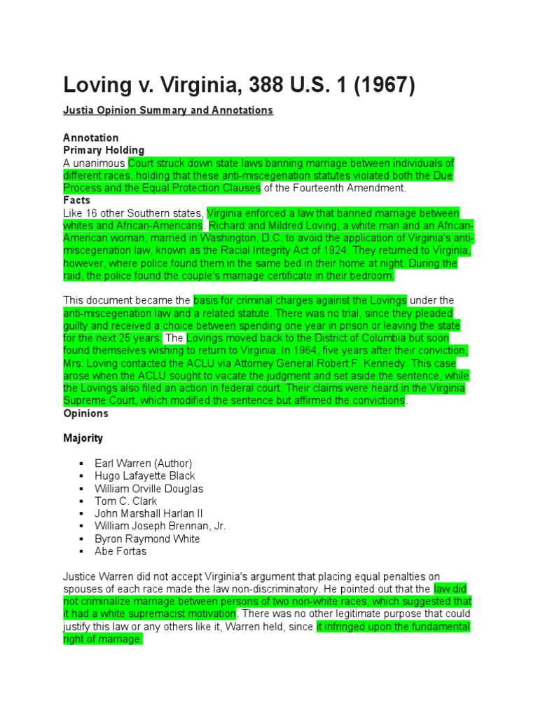 Loving Vs Virginia | PDF | Loving V. Virginia | Anti Miscegenation Laws ...