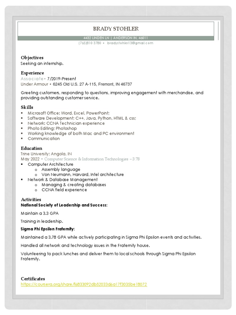 Brady Stohler: Objectives Experience | PDF