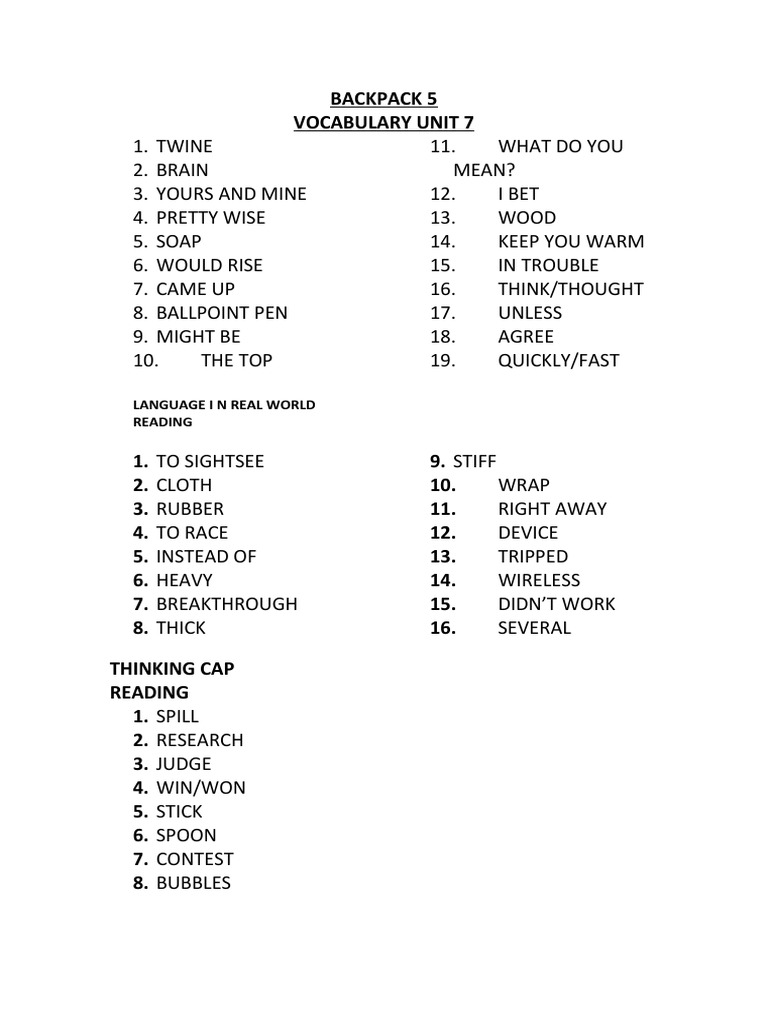 VOCABULARY UNIT 7 BACKPACk | PDF
