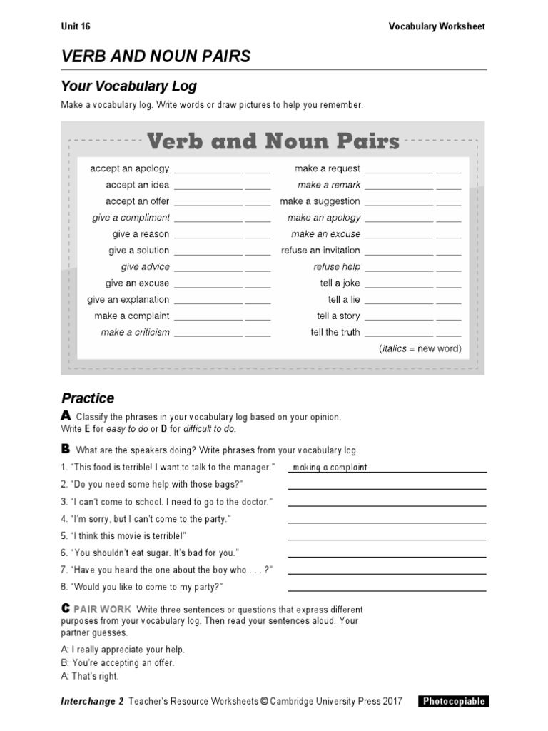 Verb and Noun Pairs: Your Vocabulary Log | PDF