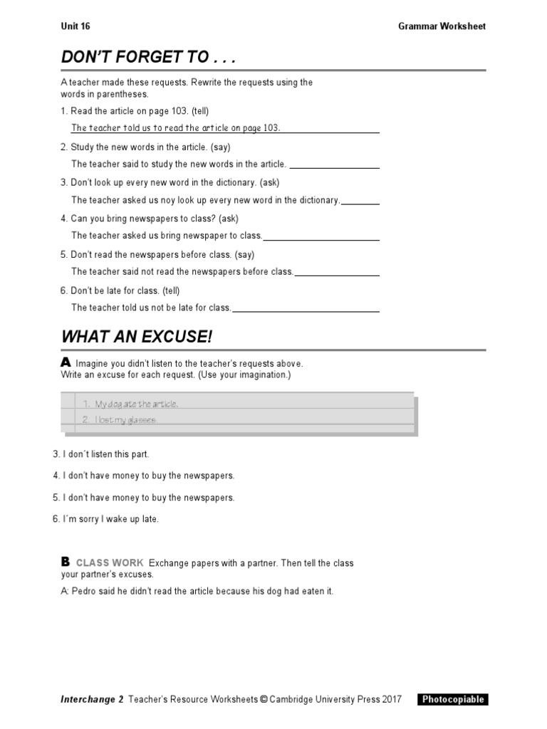 Don'T Forget To - . .: Unit 16 Grammar Worksheet | PDF