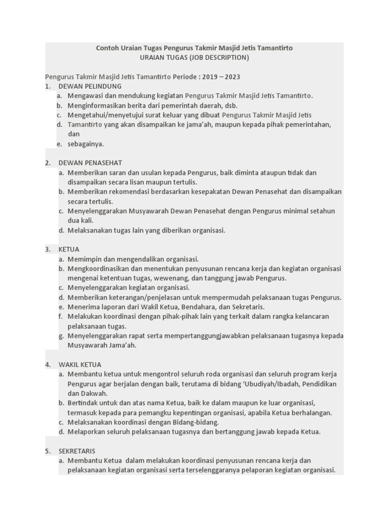Contoh Uraian Tugas Pengurus Takmir Masjid Jetis Tamantirto | PDF