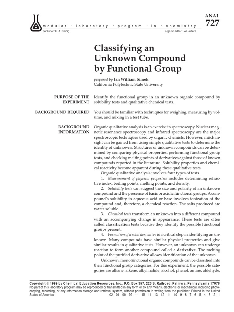 Classifying Unknown Compound by Functional Group - Unlocked | PDF ...