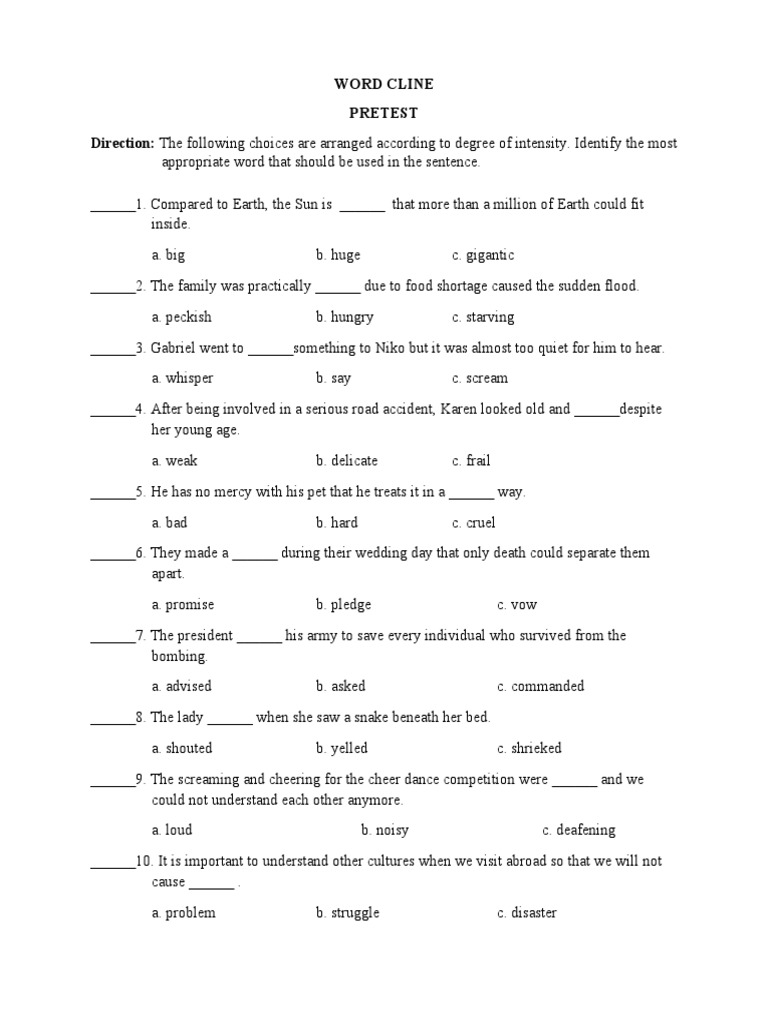 Word Cline Pretest Direction: The Following Choices Are Arranged ...
