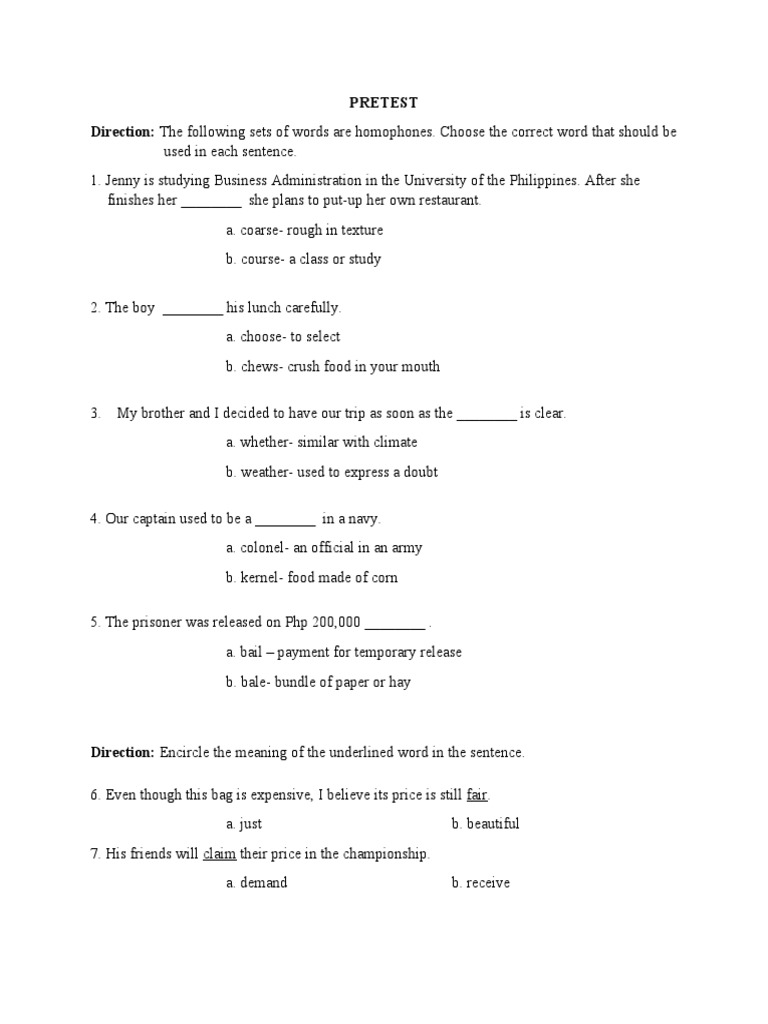 Homophones and Their Usage Pretest | PDF | Language Arts & Discipline