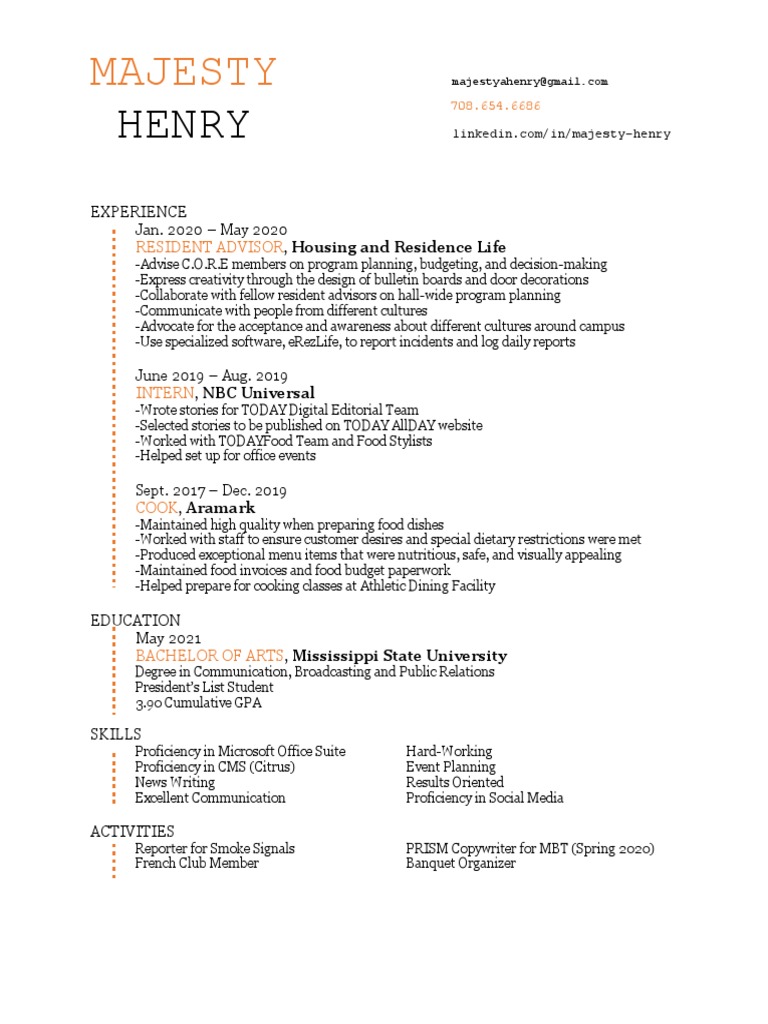 Majesty Henry Resume 2020 | PDF