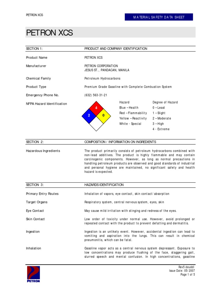 Petron XCS Safety Data Sheet | PDF | Dangerous Goods | Combustion