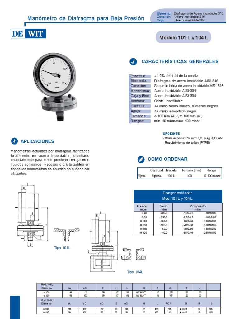 Manómetro de Diafragma para Baja Presión: Características Generales | PDF | Materiales | Química