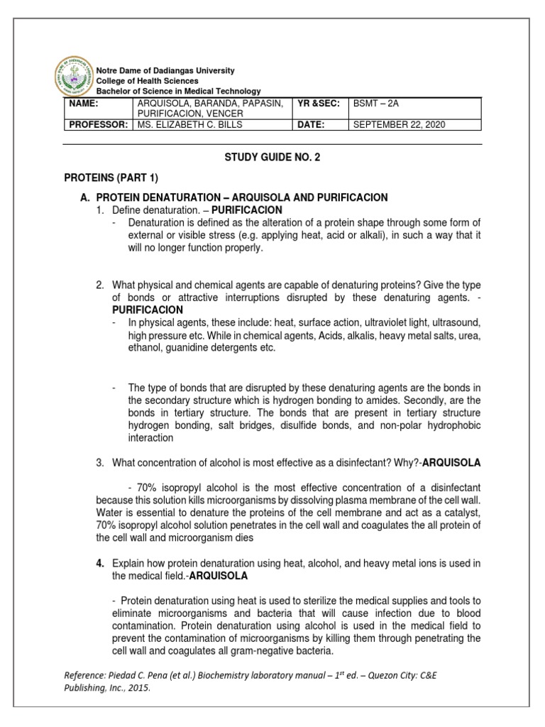 Study Guide No. 2 Proteins (Part 1) A. Protein Denaturation - Arquisola and Purificacion | PDF ...