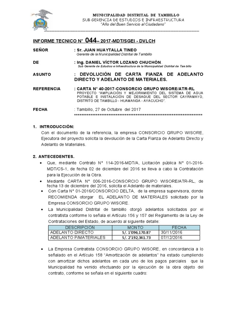 Informe Tecnico #44 Devolución de Carta Fianza Adelanto Directo y Materiales | PDF