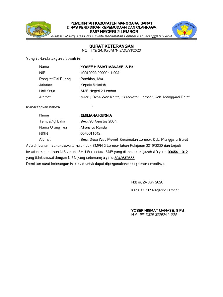 Surat Ket - Kesalahan Nisn | PDF