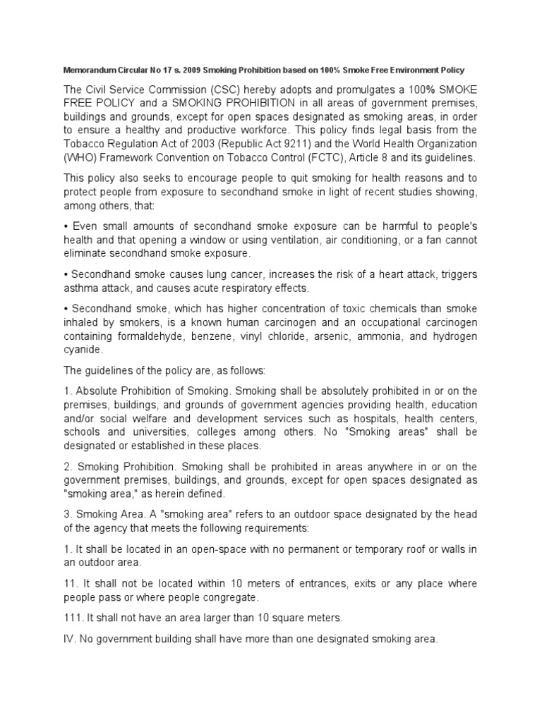 Memorandum Circular No 17 S. 2009 Smoking Prohibition Based On 100% ...