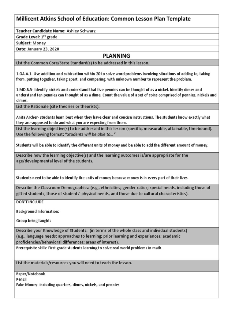 1st Grade Money Lesson Plan Template | PDF | United States Dollar ...