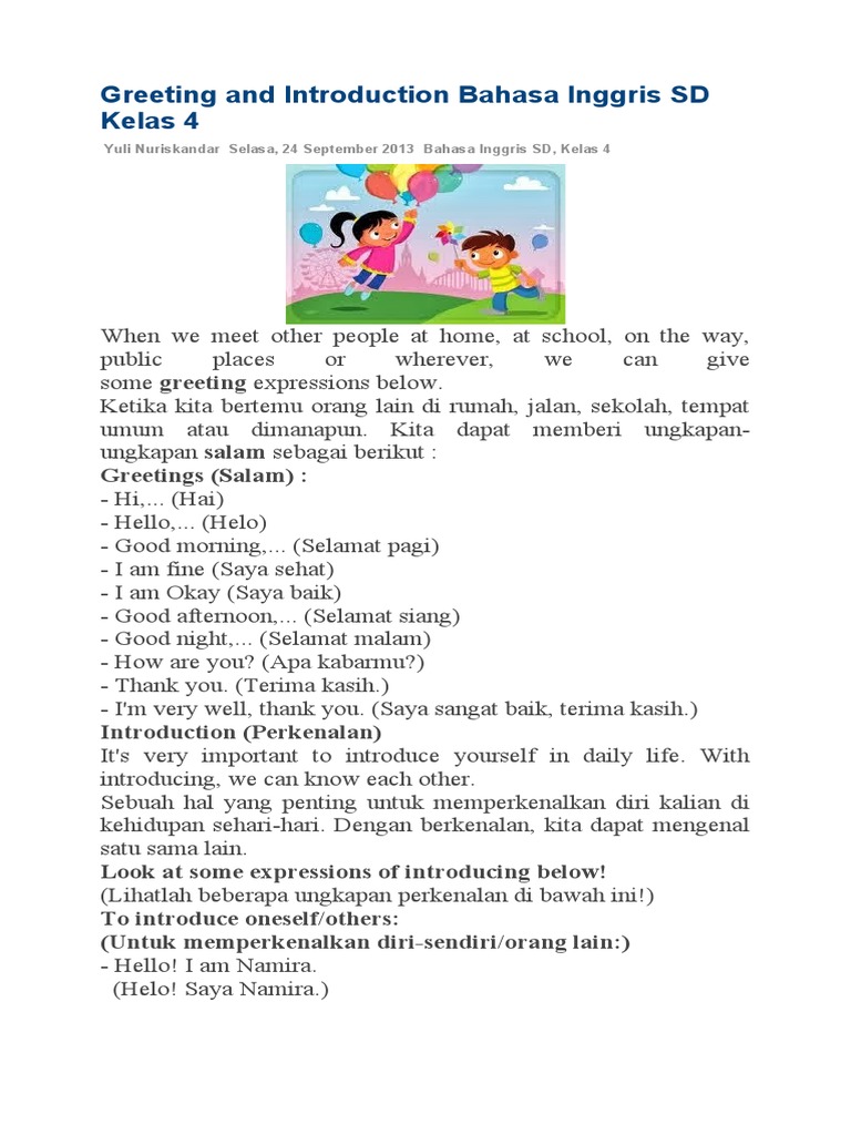 Greeting and Introduction Bahasa Inggris SD Kelas 4 | PDF