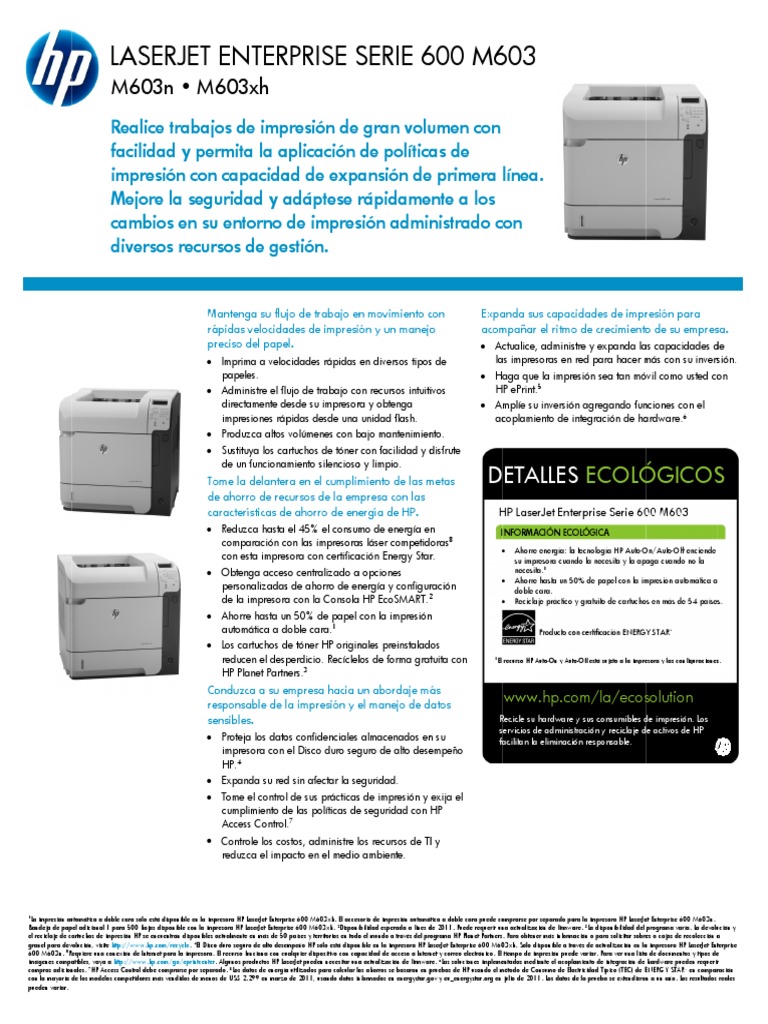 Impresora HP LaserJet M603: Eficiencia y Seguridad | PDF | Impresora ...