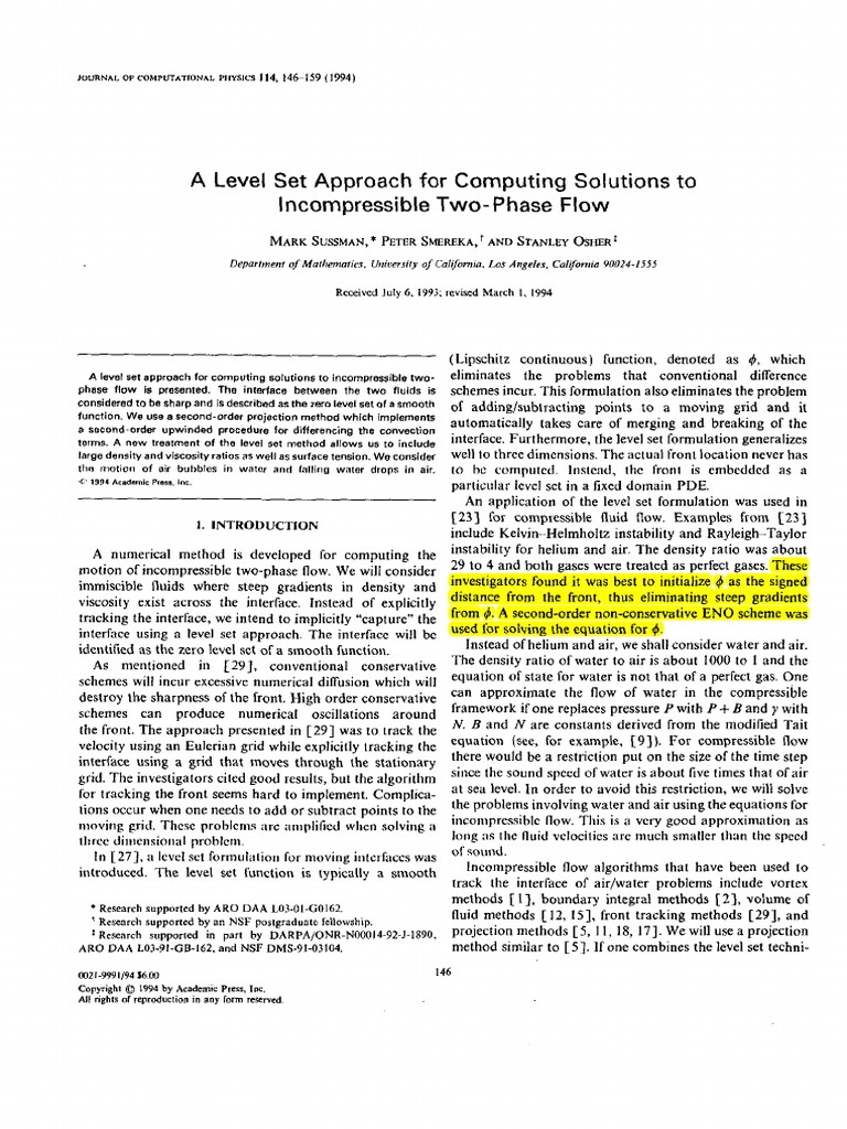 1994 - A Level Set Approach For Computing Solutions To Incompressible Two-Phase Flow - Sussman ...