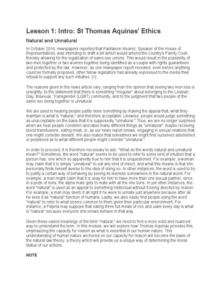 Lesson 1: Intro: ST Thomas Aquinas' Ethics: Natural and Unnatural | PDF ...