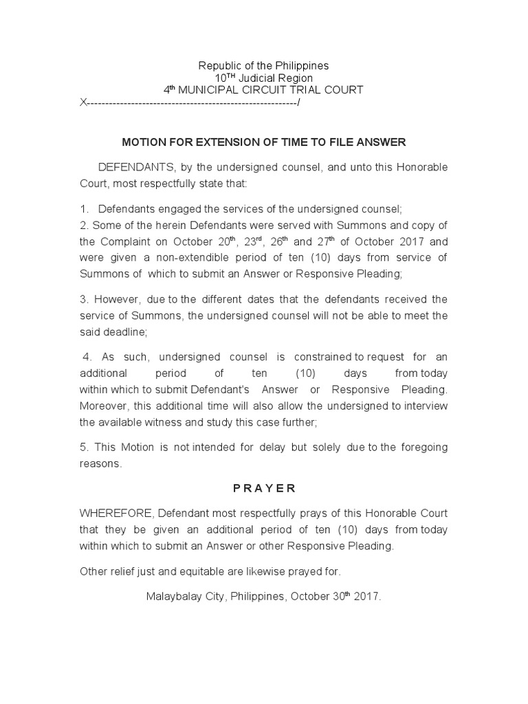 Motion for Extension to File Answer | PDF | Finance & Money Management ...