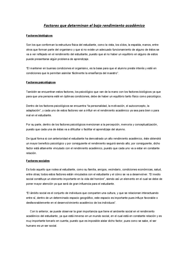 Factores Que Determinan El Bajo Rendimiento Académico | PDF | Sicología | Familia